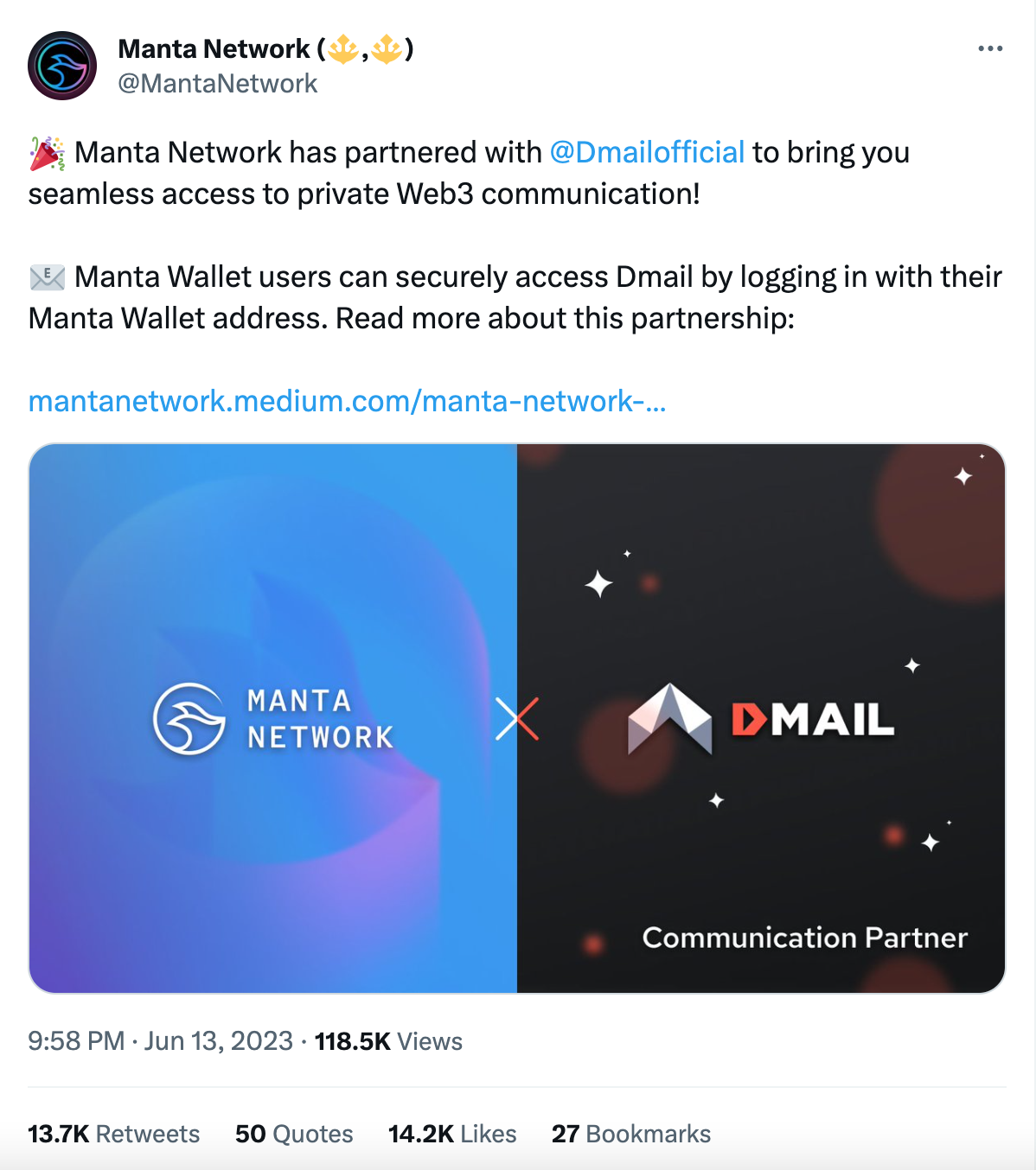 Manta Network Partners with Dmail: Seamlessly Access Dmail via Manta Wallet Manta Network Partners with Dmail: Seamlessly Access Dmail via Manta Wallet
